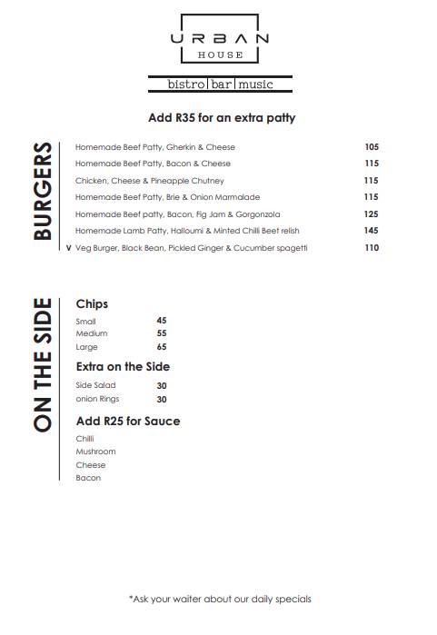 Menu at Urban House restaurant, Nelspruit
