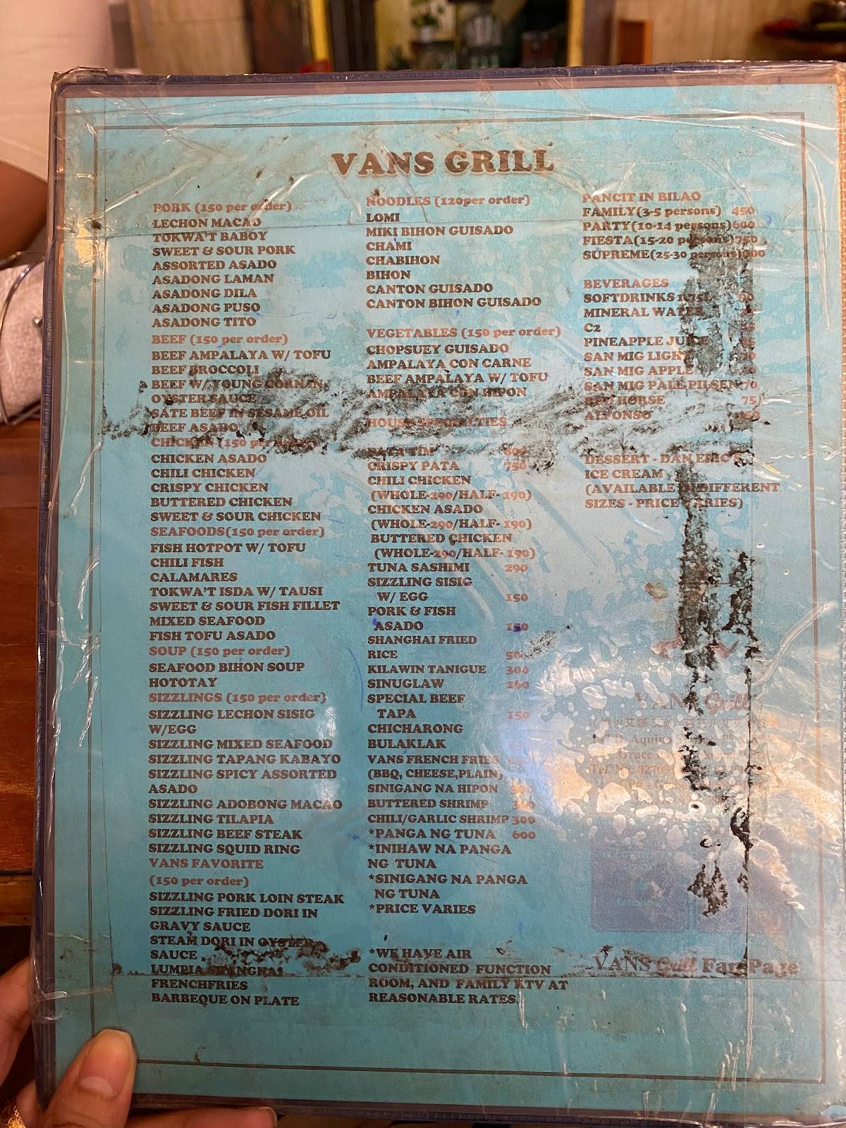 Menu at VANS Grill restaurant, Caloocan