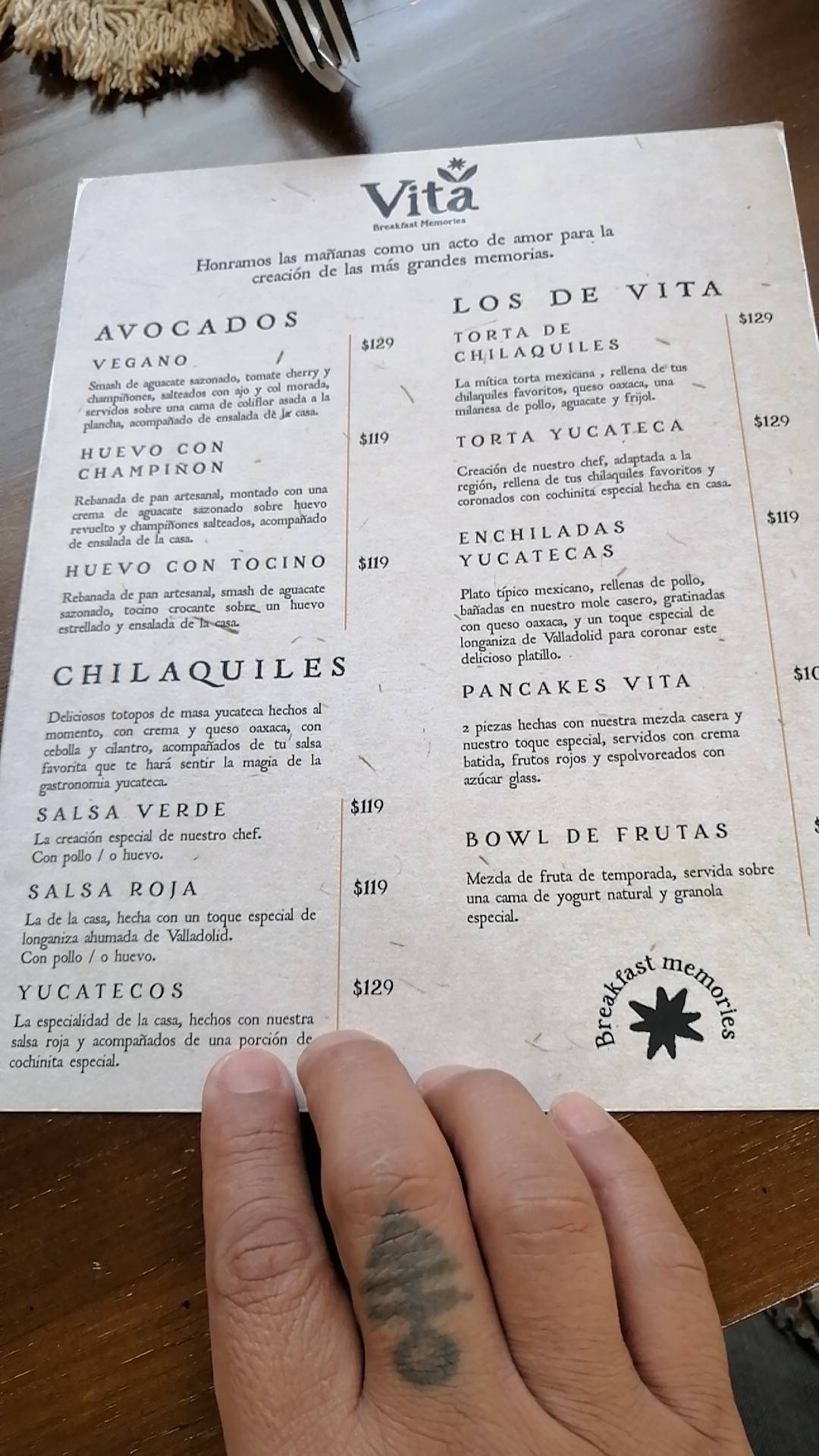 Menu at VITA Memories restaurant, Merida