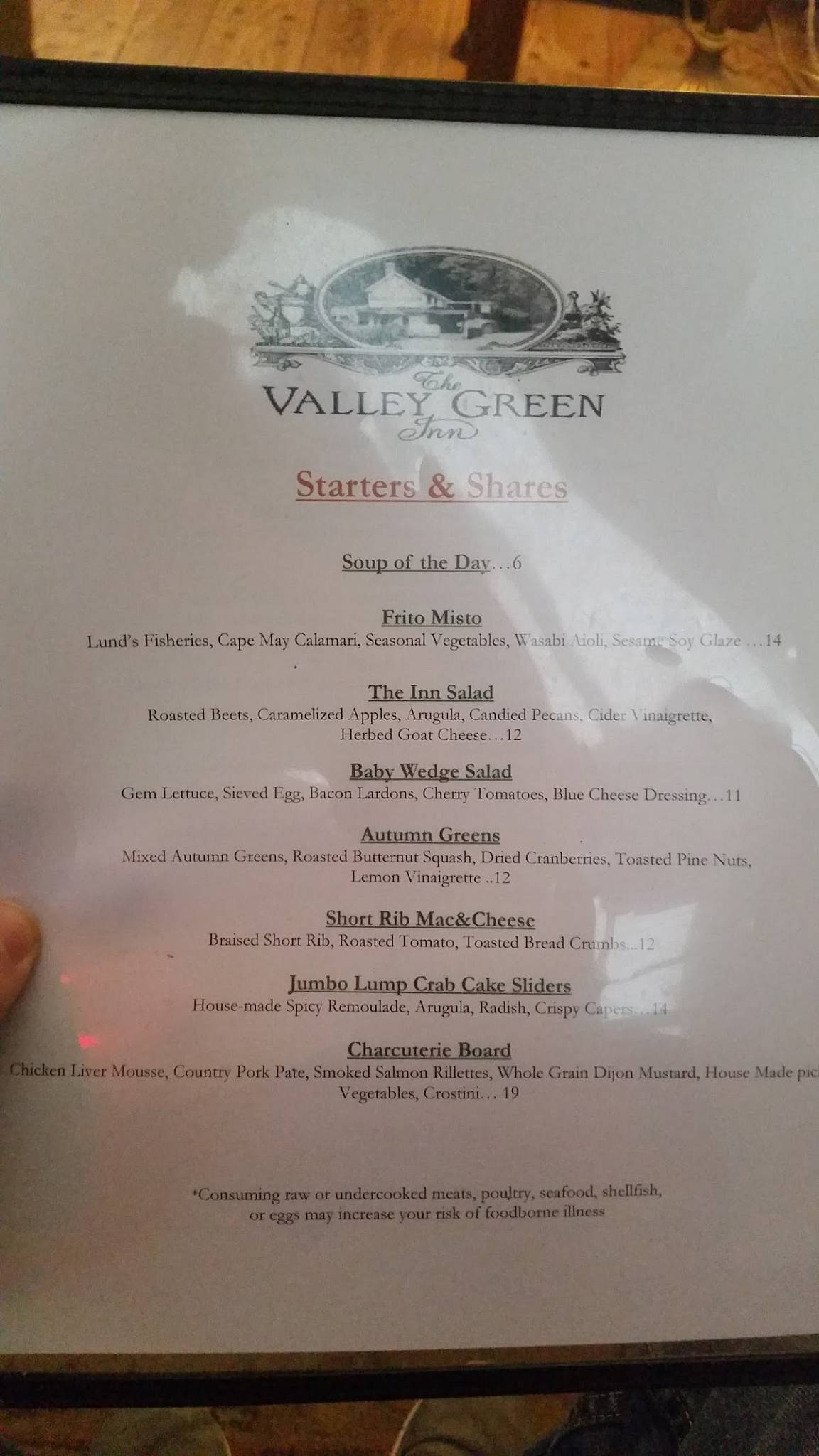 Menu at Valley Green Inn restaurant, Philadelphia