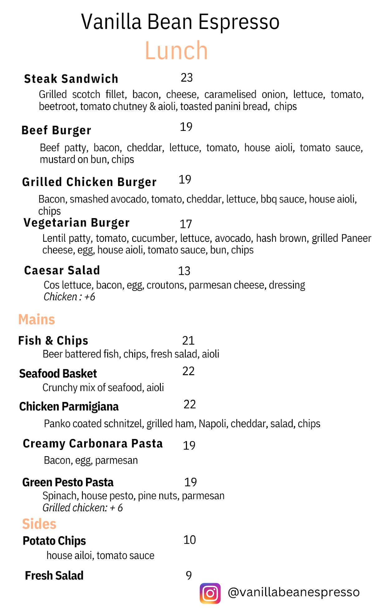 Menu at Vanilla Bean restaurant, Fremantle