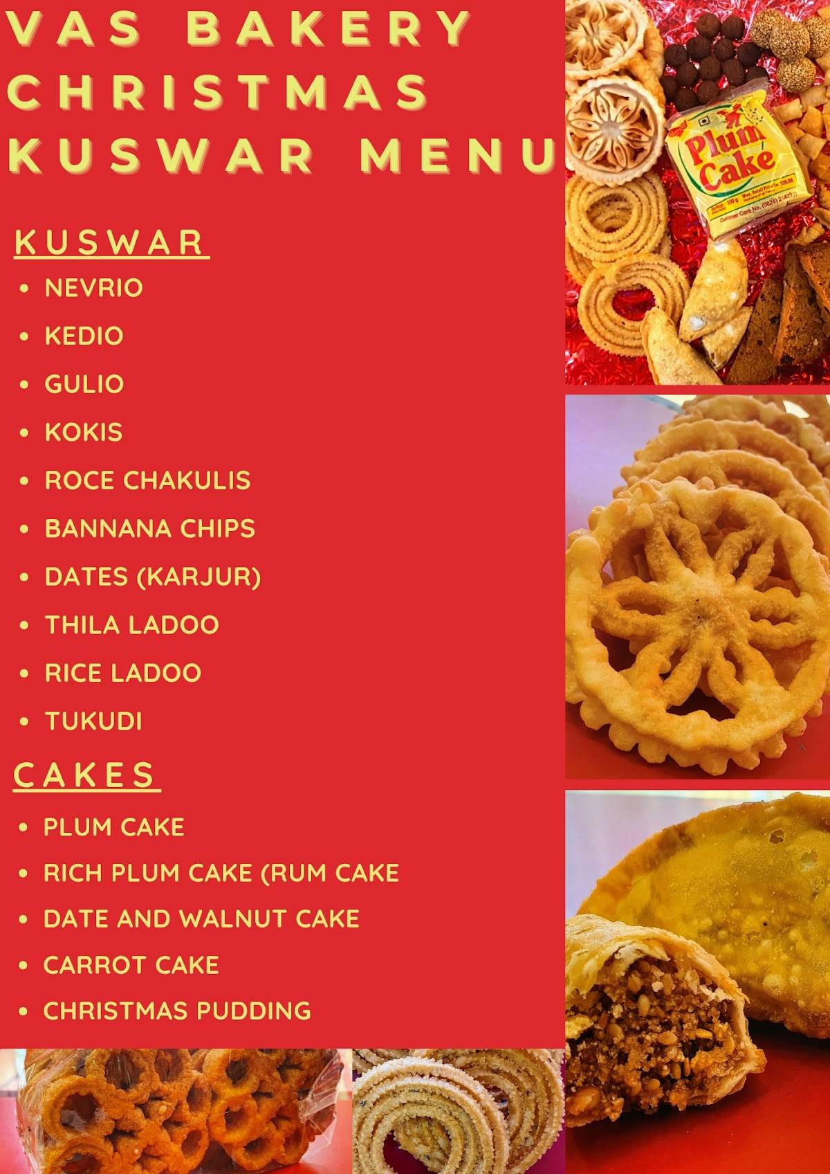 Menu at Vas Bakery, Mangaluru, Bendore Church Road