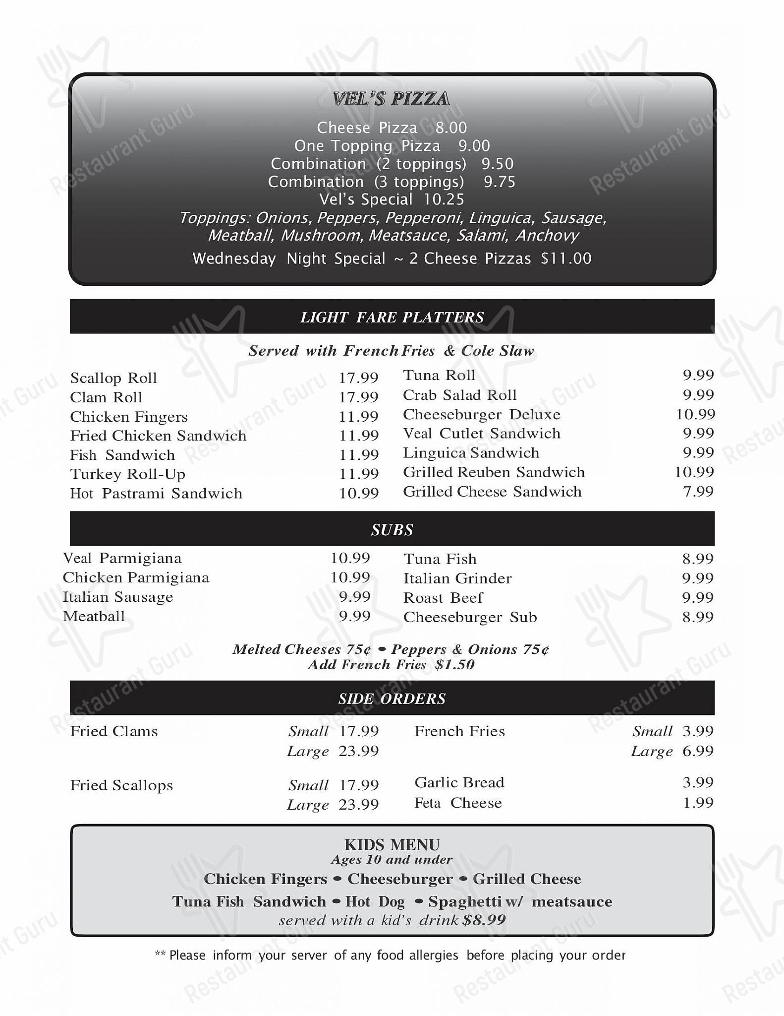 Menu at Vel's Family Restaurant & Lounge, Wareham