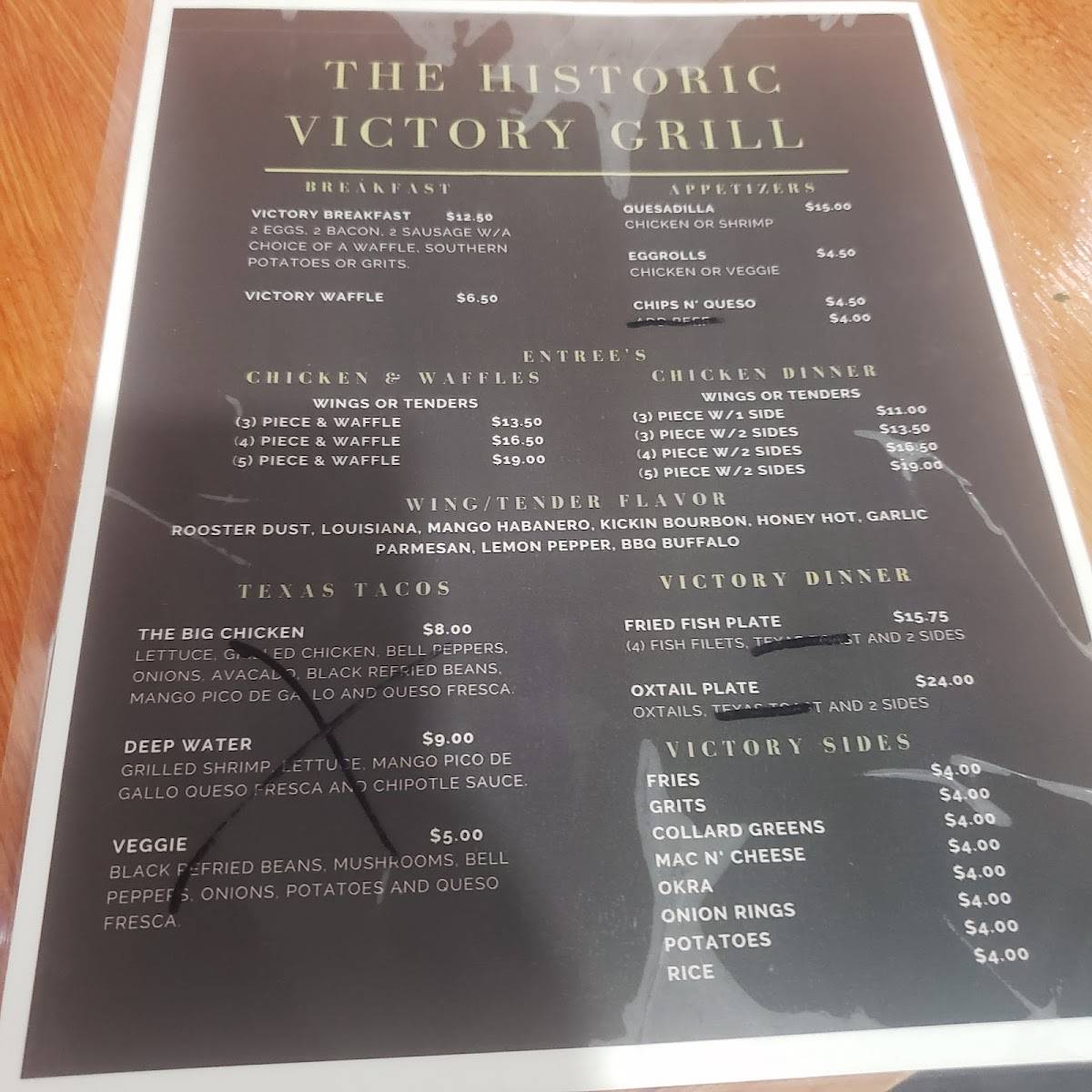 Menu at Victory East restaurant, Austin