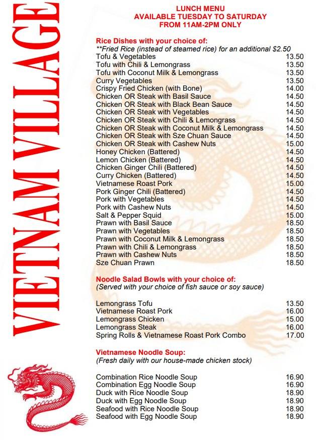 Menu at Vietnam Village Restaurant, Thebarton