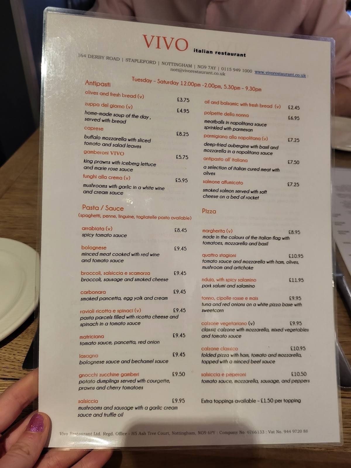 Menu at Vivo Restaurant, Nottingham