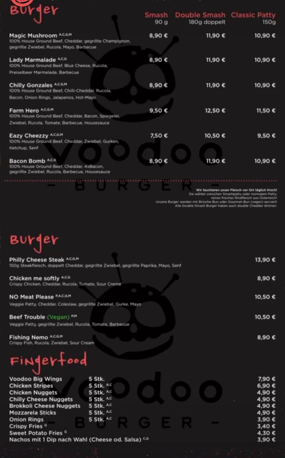 Speisekarte von Voodoo Burger restaurant, Wien