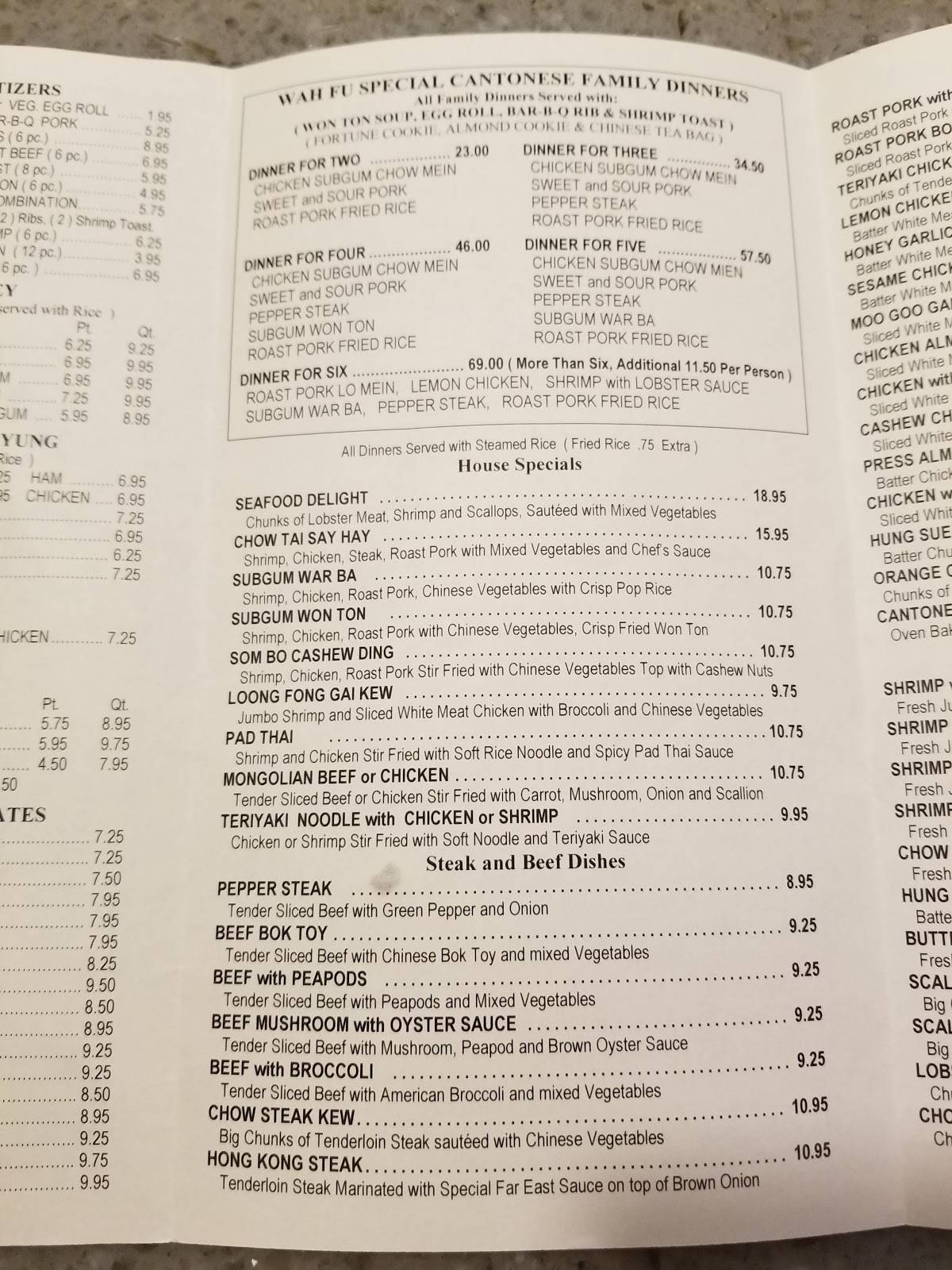 Menu at Wah Fu Chinese Restaurant, Cleveland