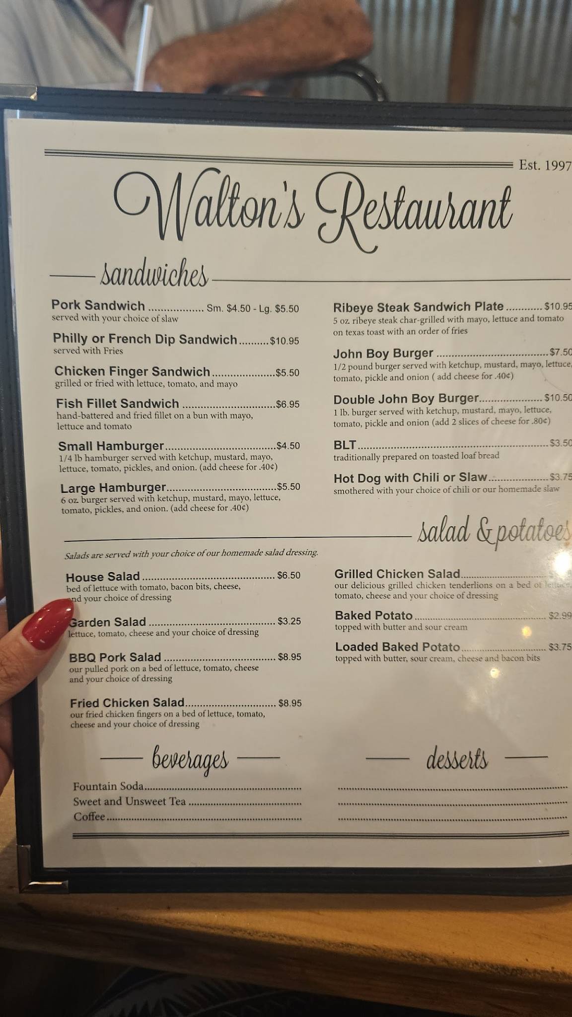 Menu at Waltons Restaurant, USA, AL-101