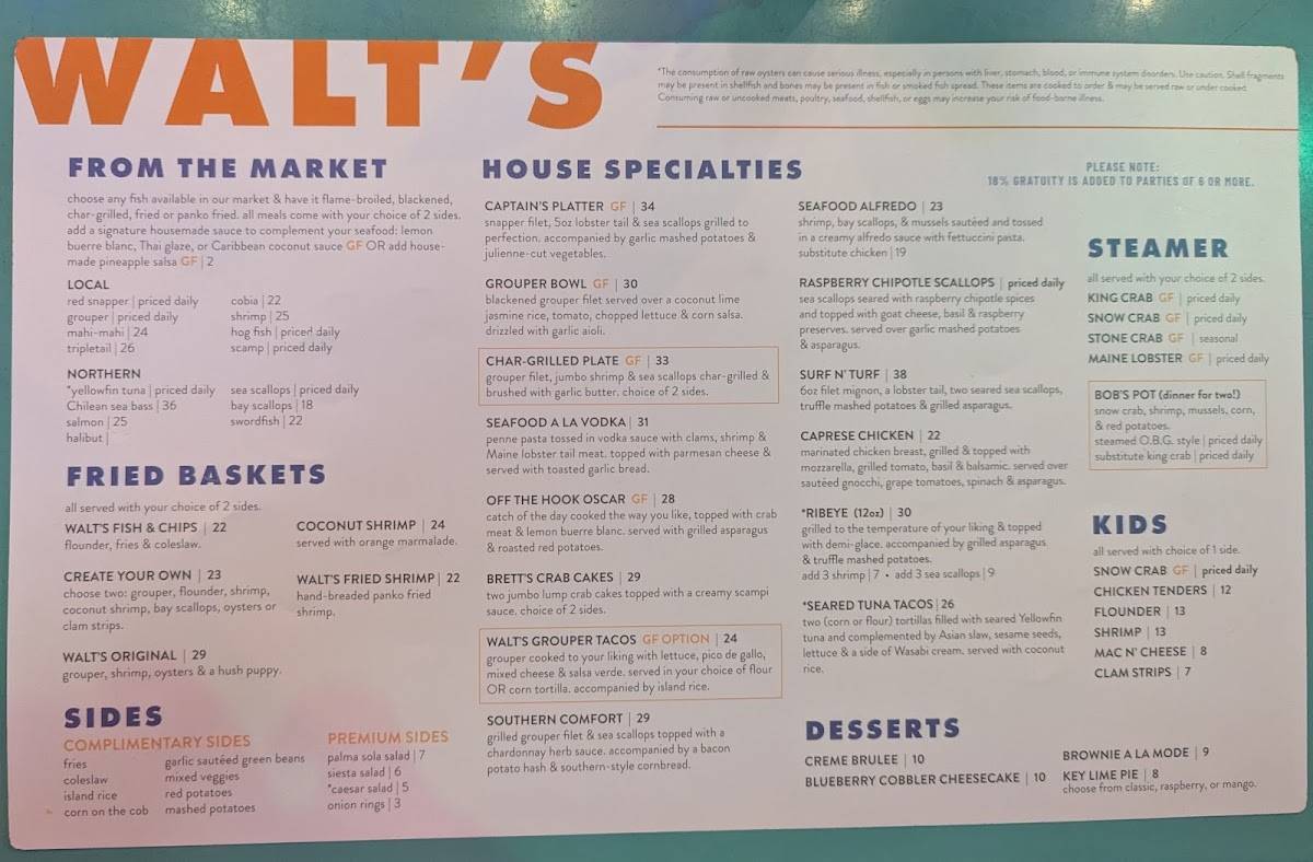 Menu at Walt's Fish Market Restaurant, Sarasota