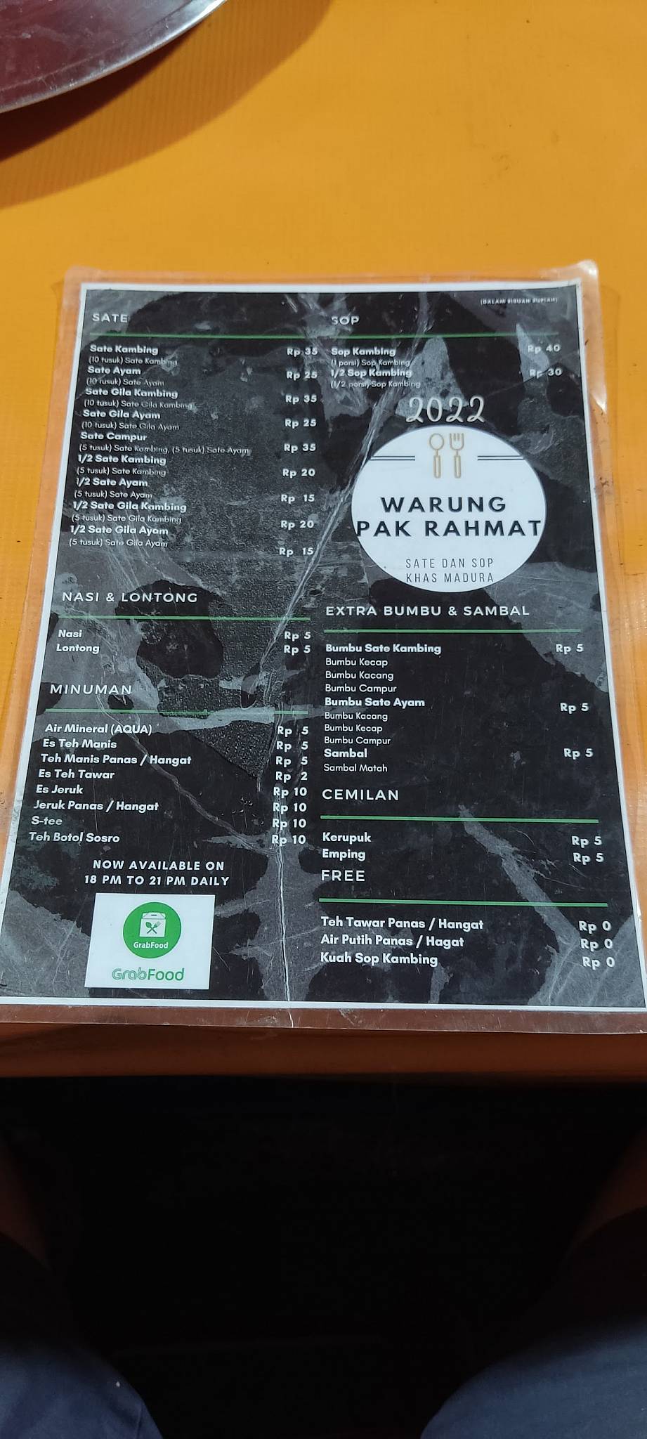 Carta del restaurante Warung Pak Rahmat (Sate dan Sop Kambing), Central ...