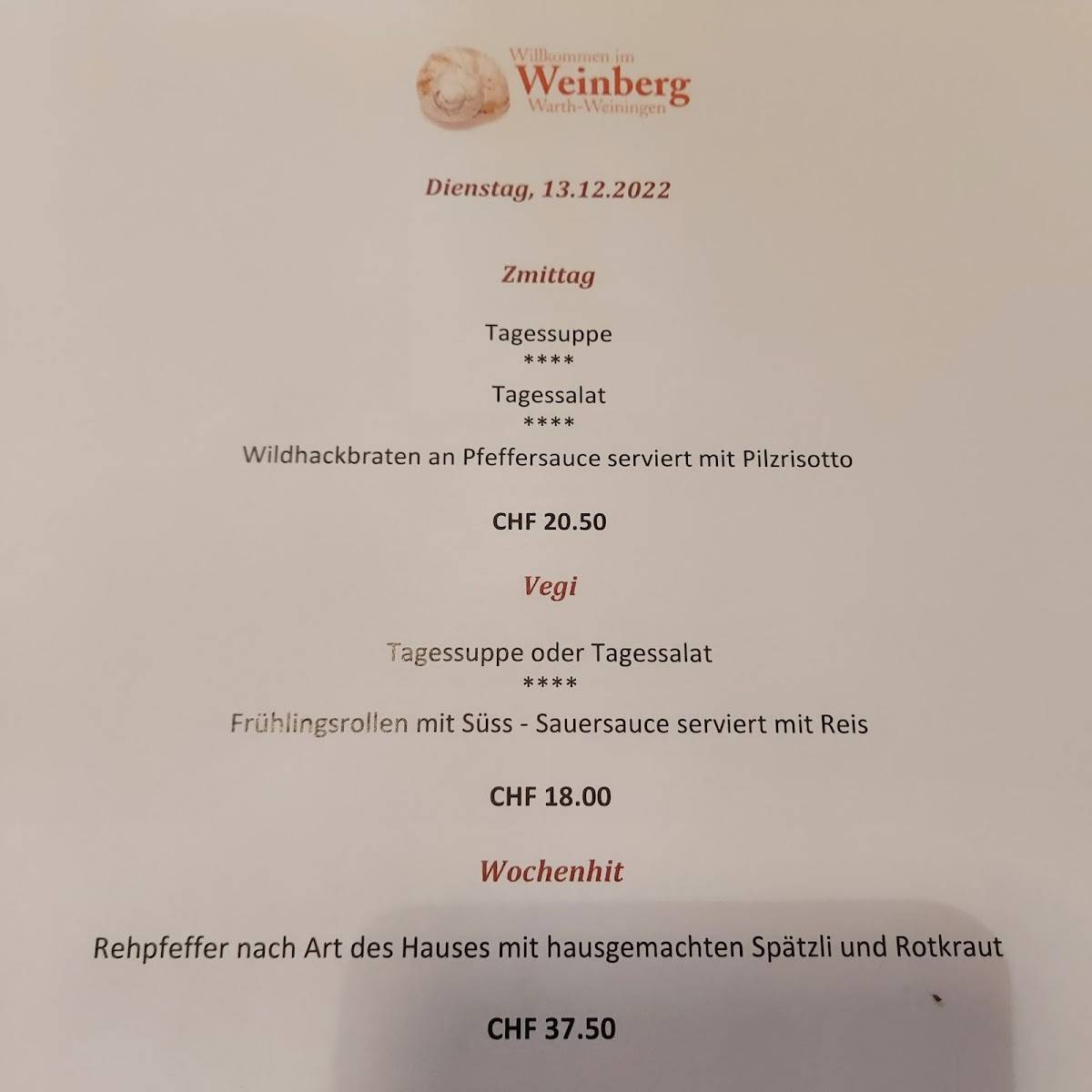 Speisekarte von Restaurant Weinberg Warth, Warth-Weiningen