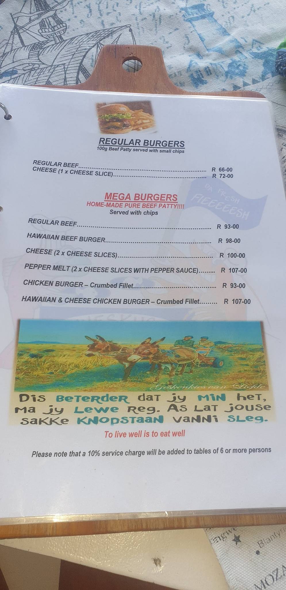 Menu at Weskus Kombuis restaurant, Lambert's Bay