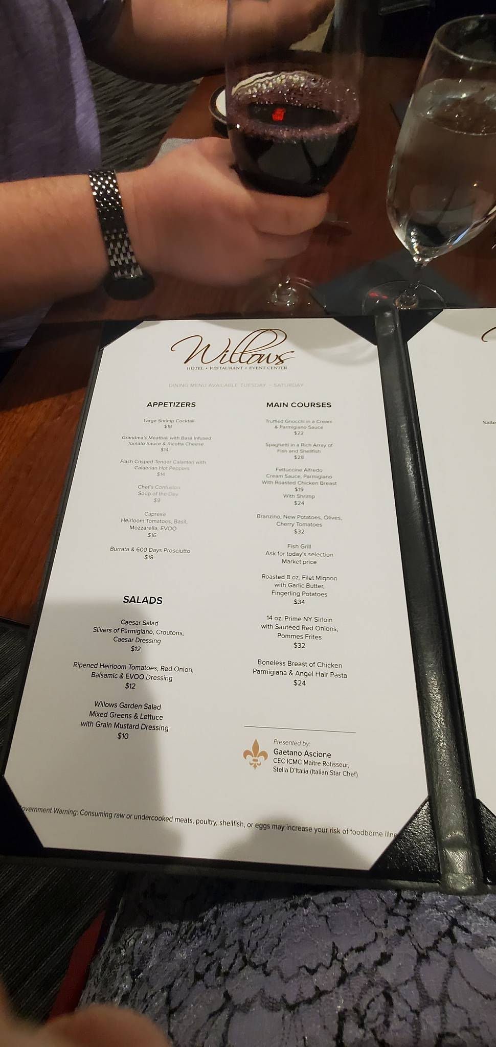 Menu at Willows restaurant, Industry