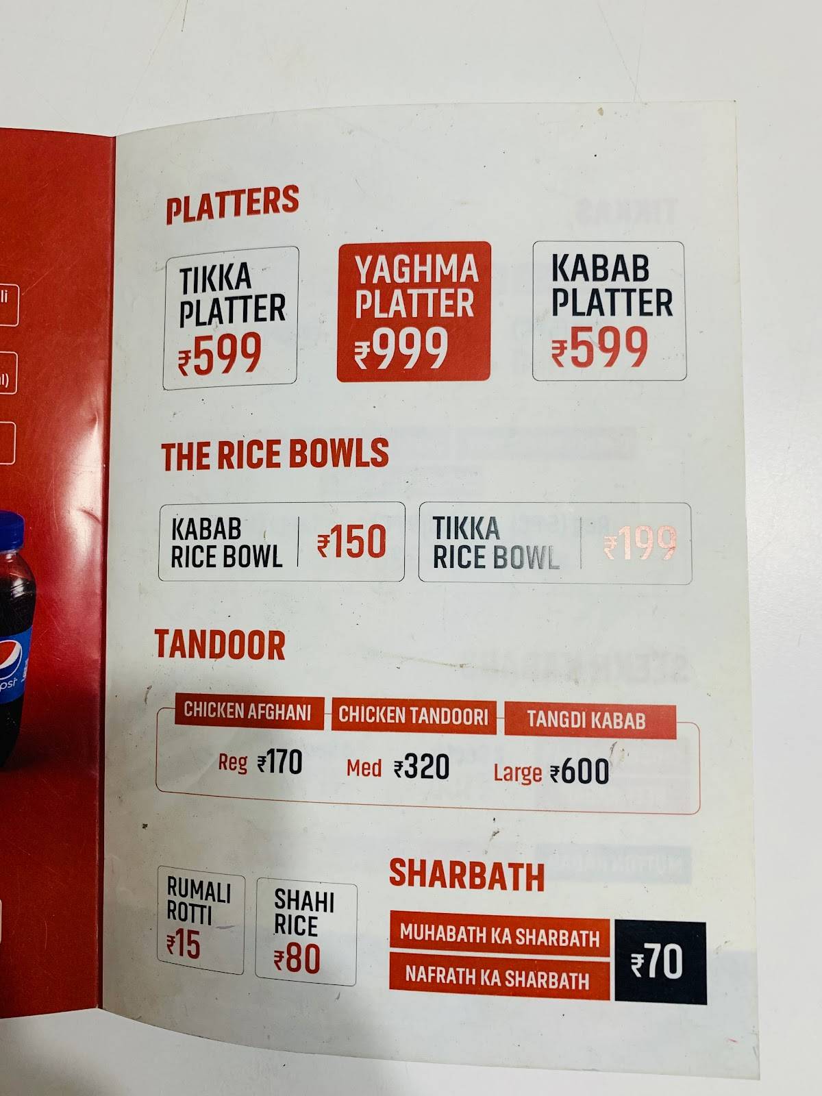 Menu at Yaghma Kababs, Manjeri