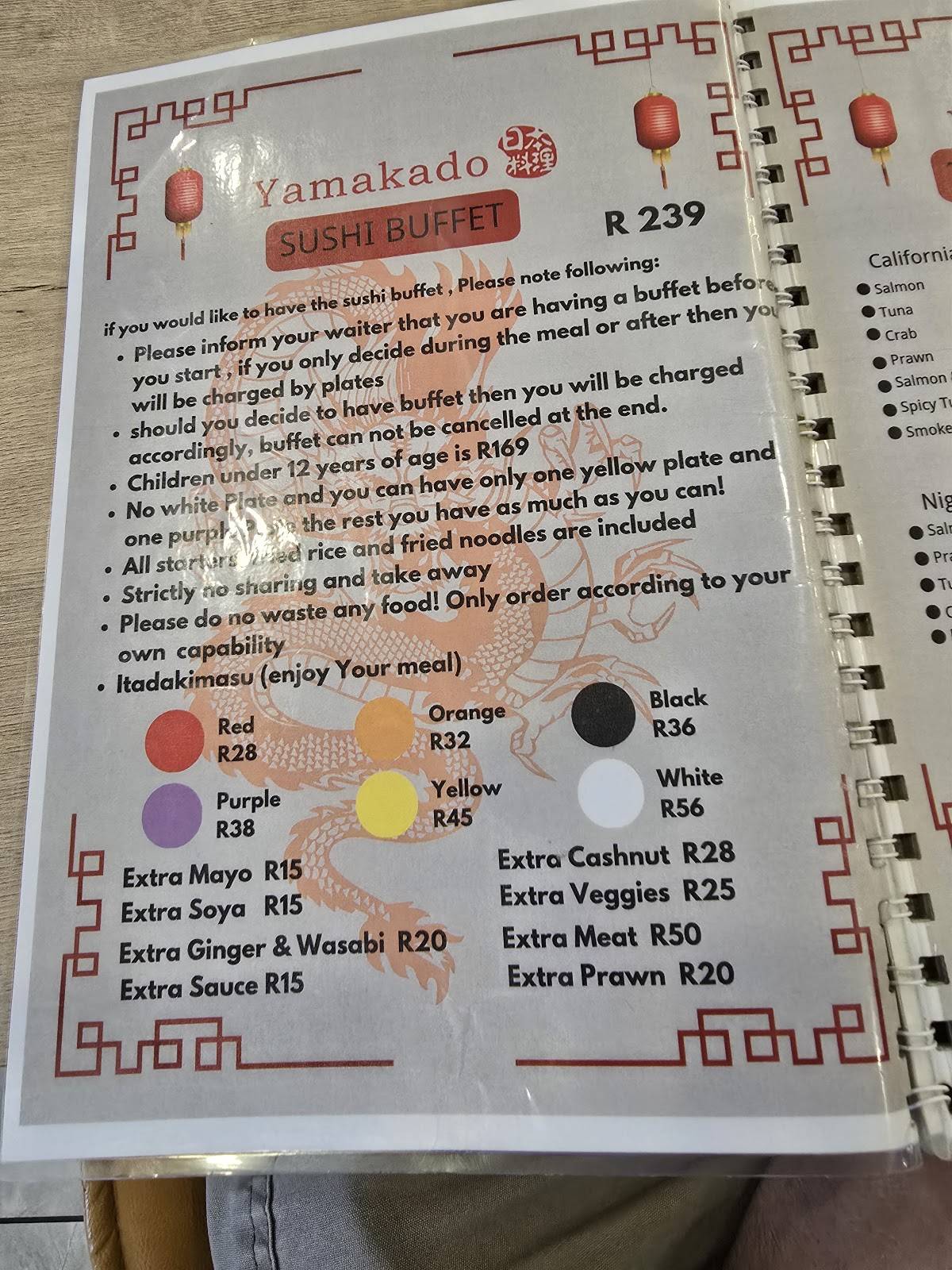 Menu at Yamakado Sushi Restaurant, Pretoria, The Grove Mall