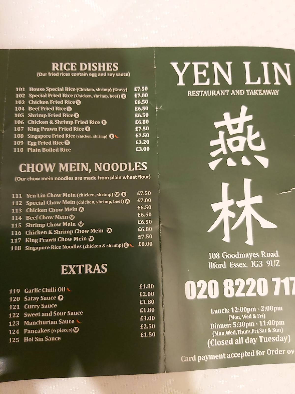 Menu at Yen Lin Ilford restaurant, Ilford
