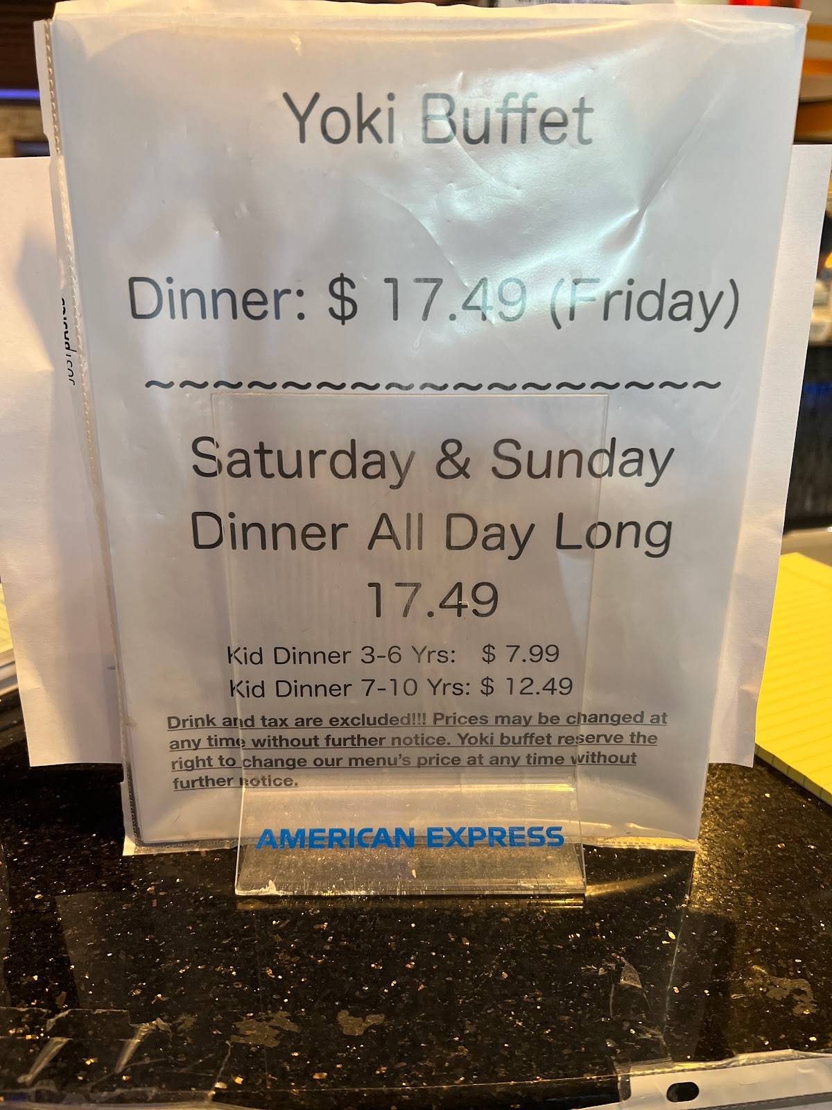 Menu at Yoki Buffet restaurant, Murfreesboro