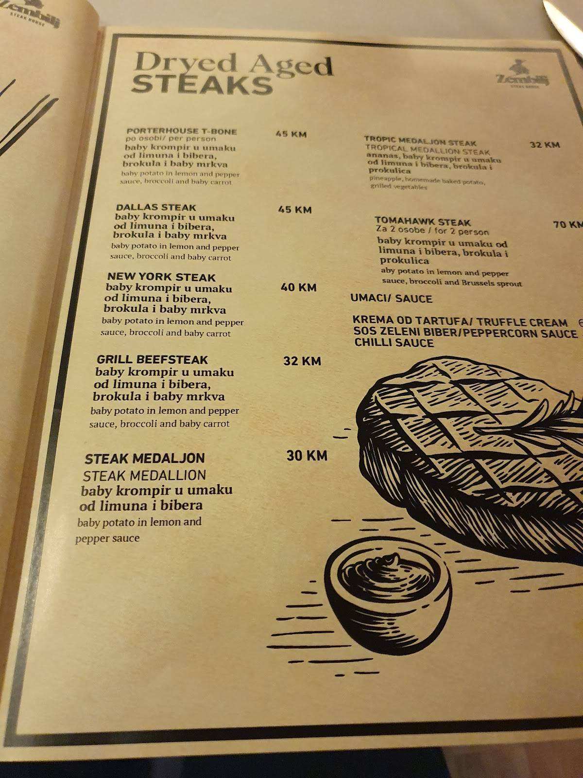 Menu at Zembilj Steak House restaurant, Sarajevo