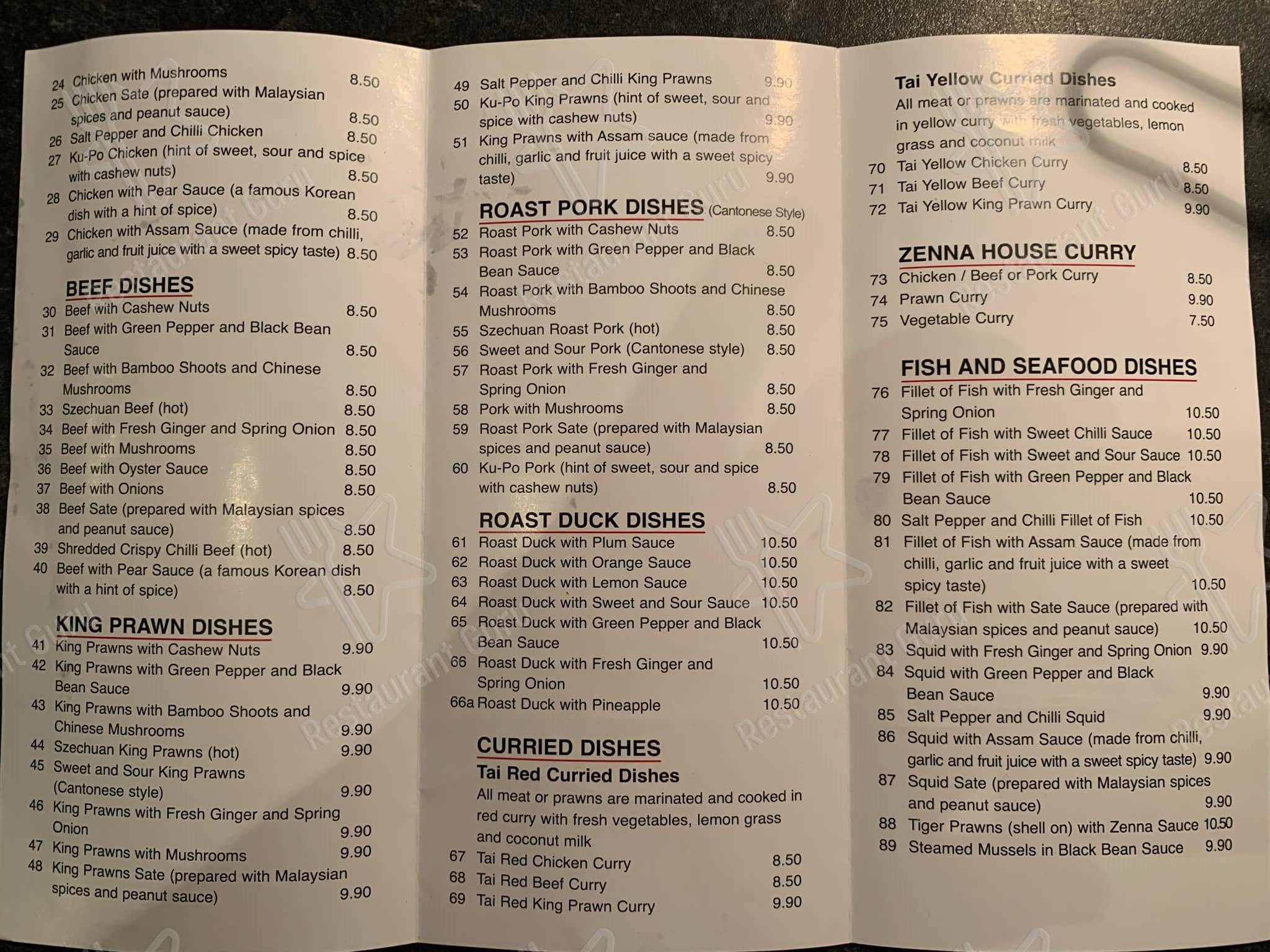 Menu at Zenna restaurant, Pontesbury