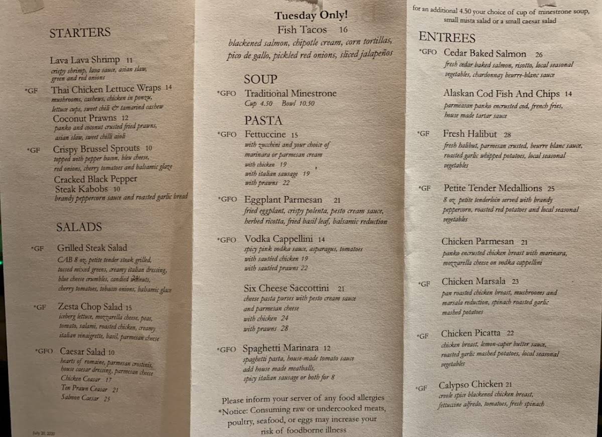 Menu at Zesta Cucina restaurant, Yakima