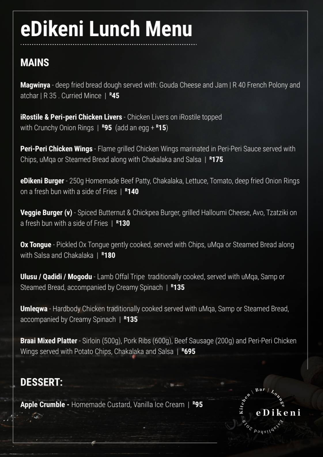 Menu at eDikeni Gqeberha restaurant, South Africa