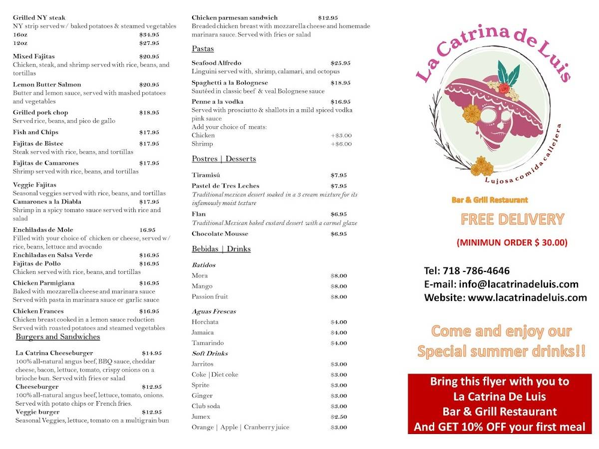 Carta del restaurante la Catrina De Luis, Nueva York