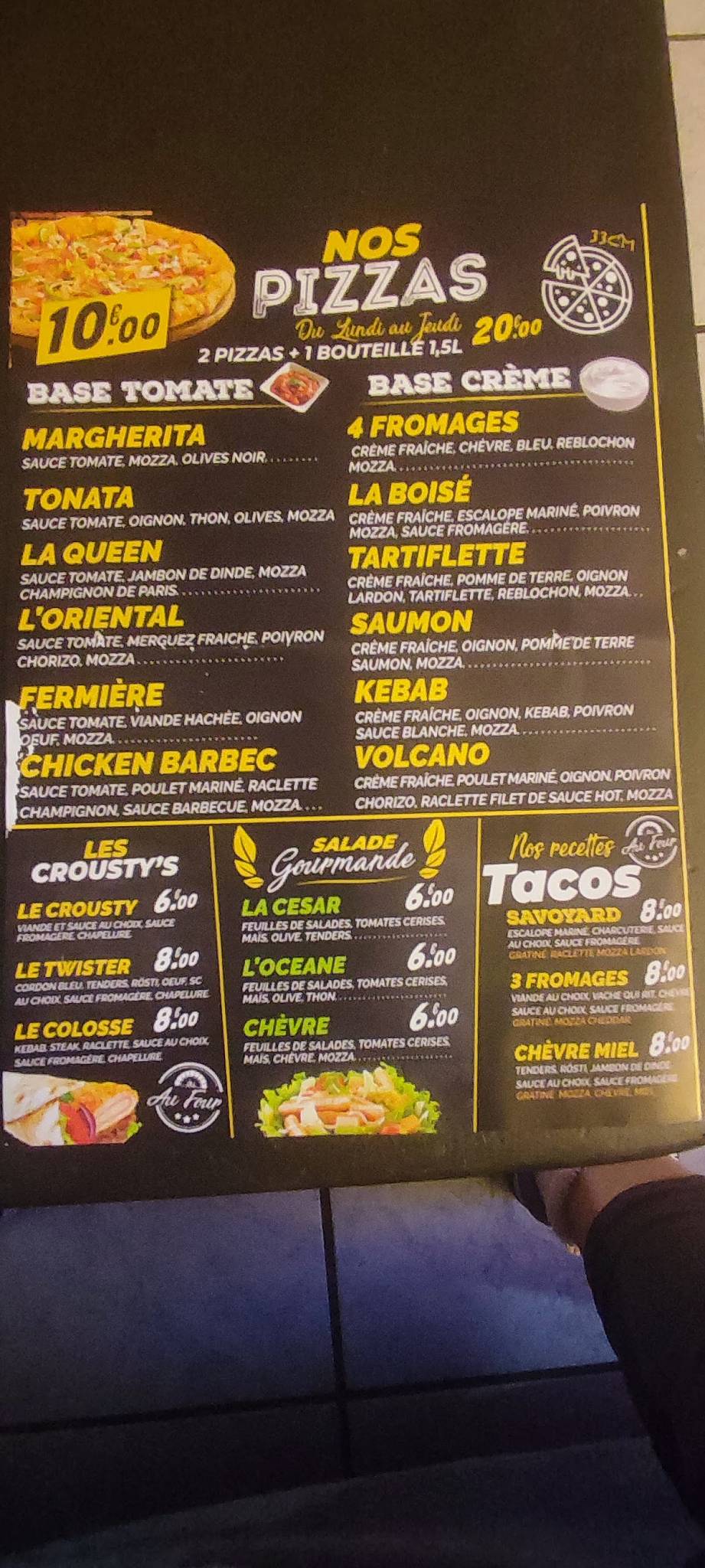 Menu au le classico restaurant, Chagny