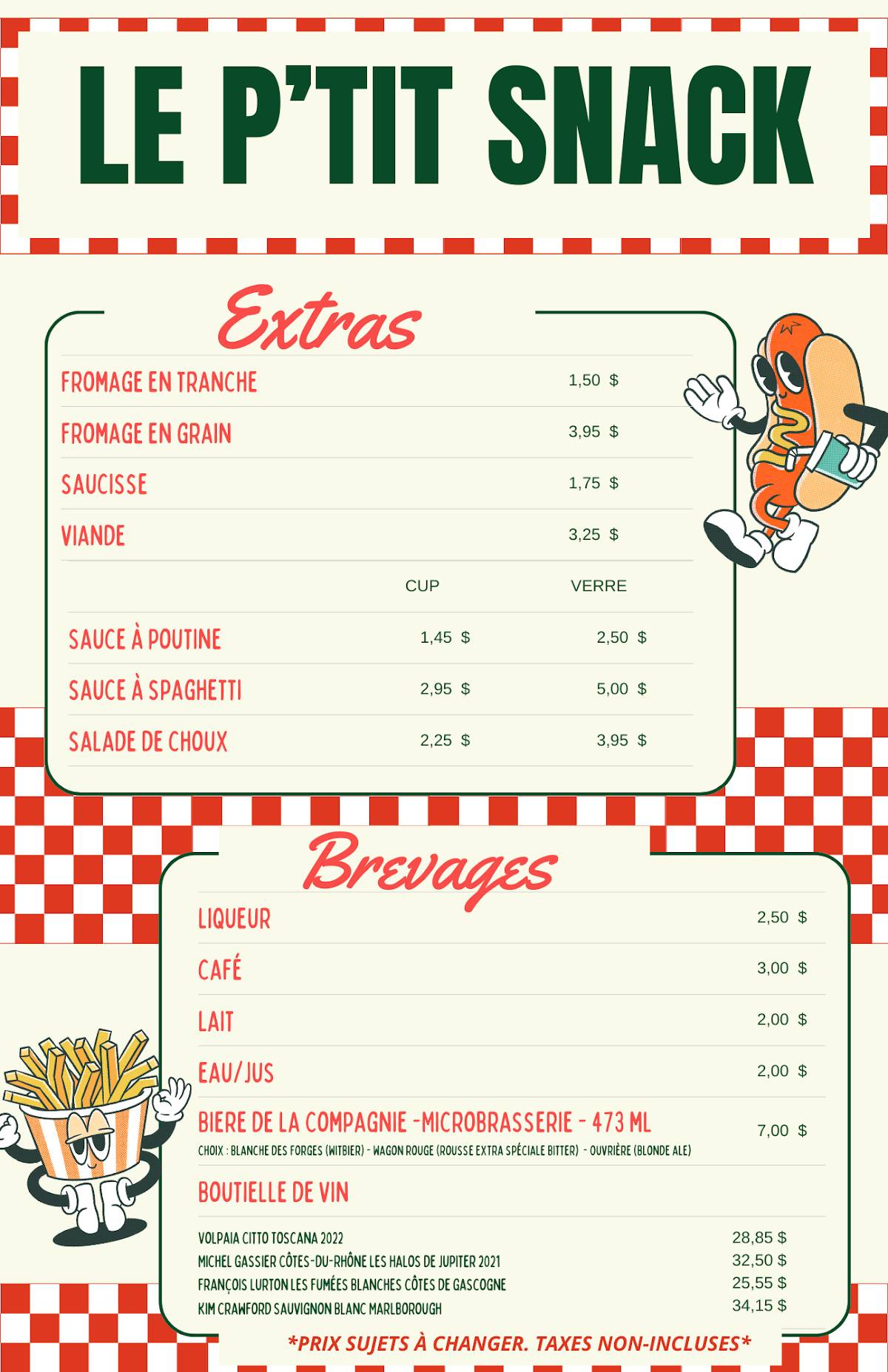Menu au Restaurant le ptit snack, Sept-Iles