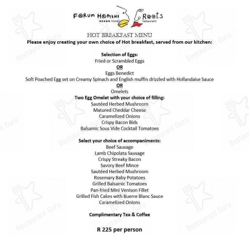 Menu at Forum Homini & Roots Restaurant, Krugersdorp