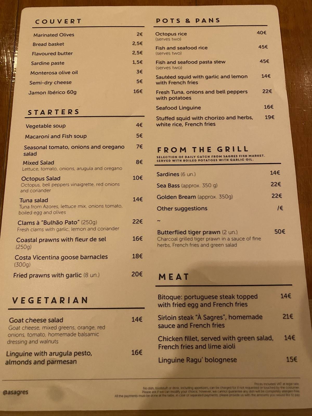 Menu em Restaurante A Sagres, Sagres, p