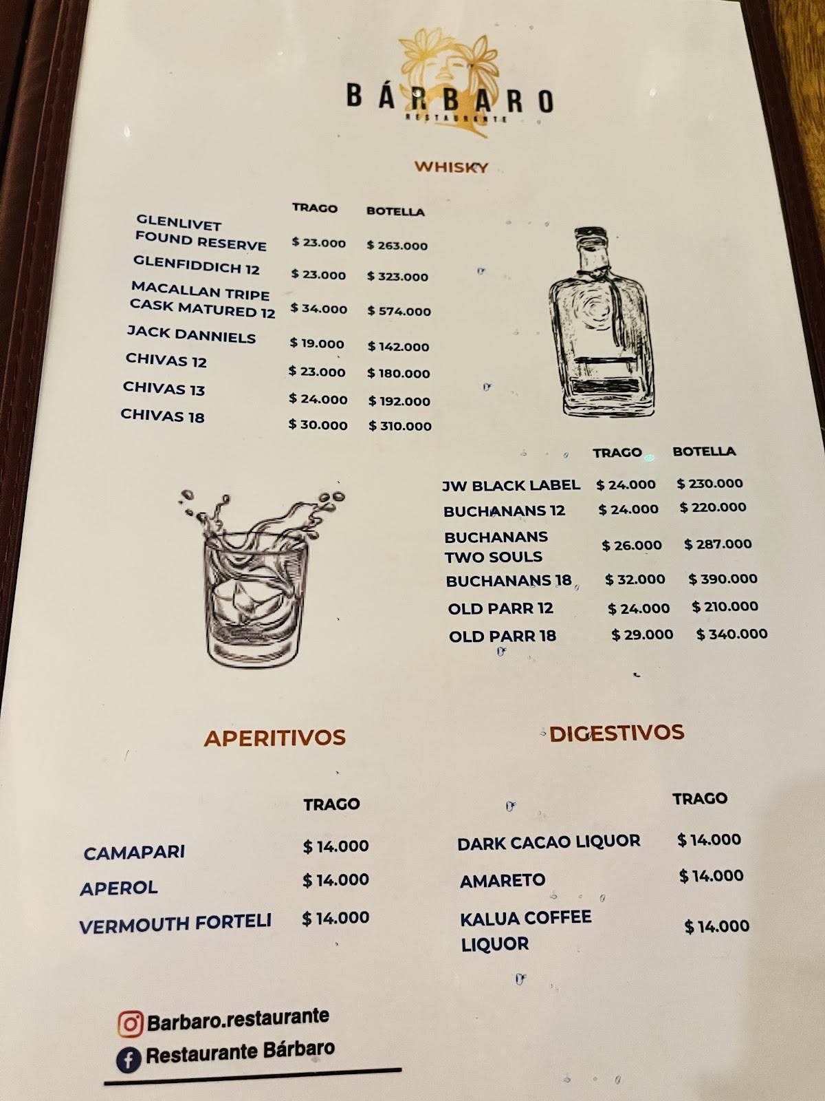 Carta de Restaurante Bárbaro, San Andrés