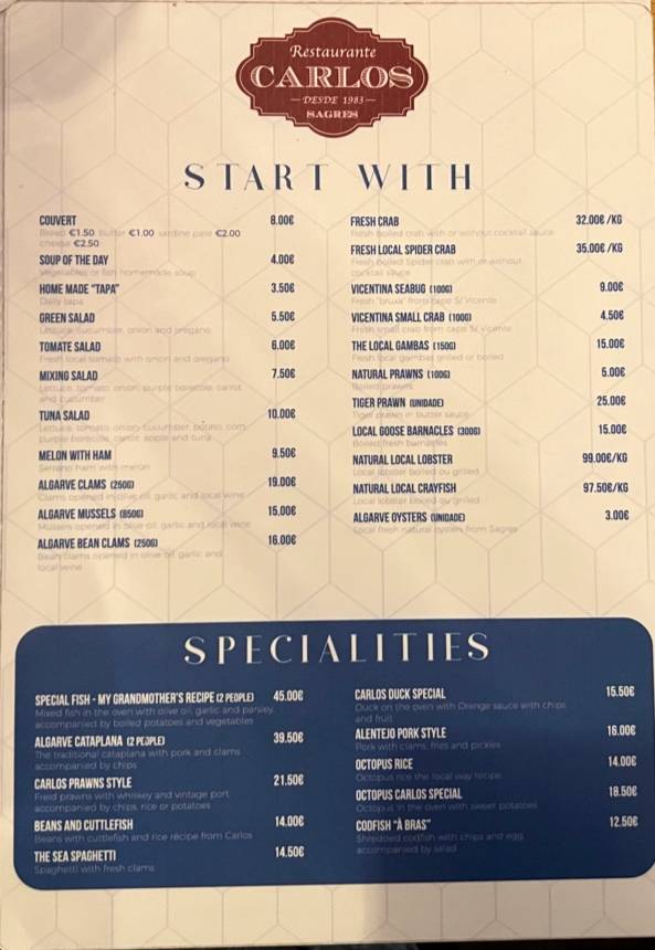 Menu at Restaurante Carlos, Sagres
