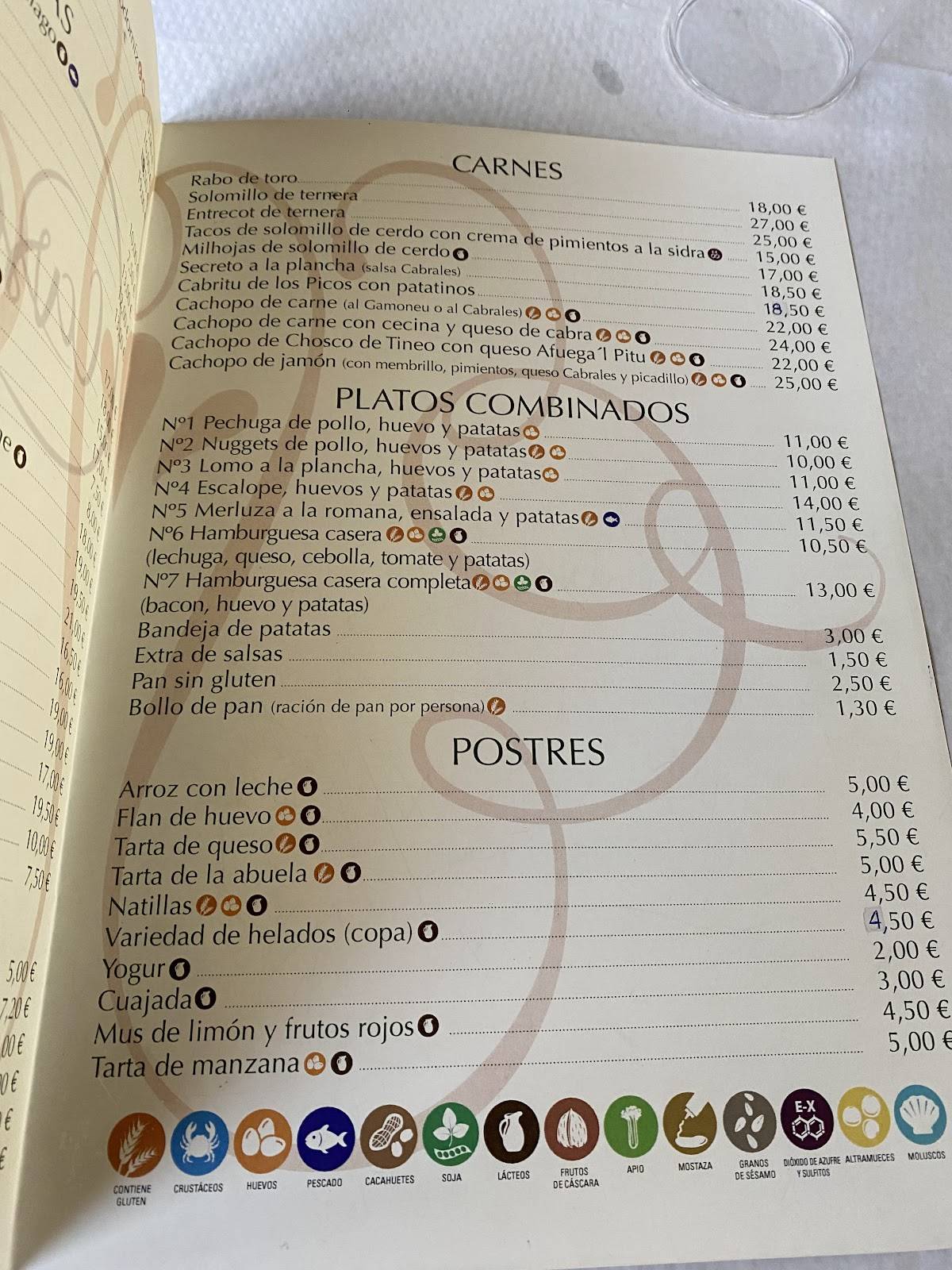 Carta del restaurante Casa María, Mestas del Con, C. Mestas del Con
