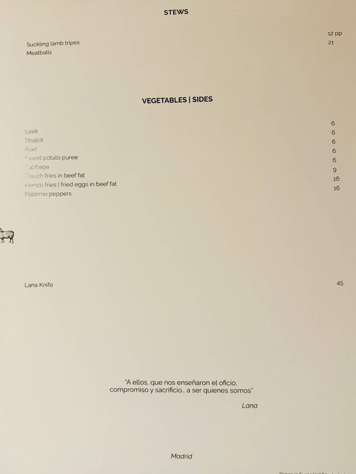 Menu at Restaurante Lana, Madrid