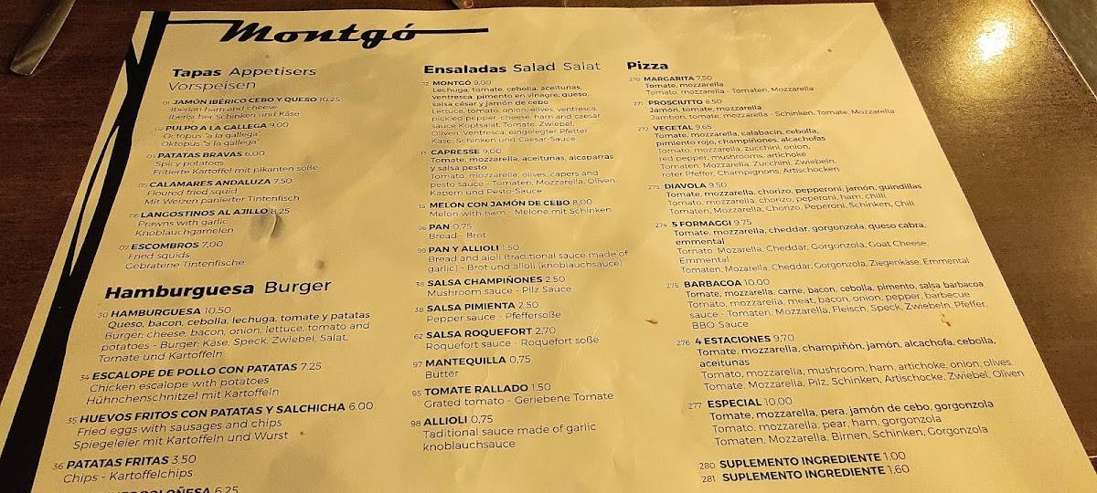 Menu at Restaurante Montgó, Xàbia