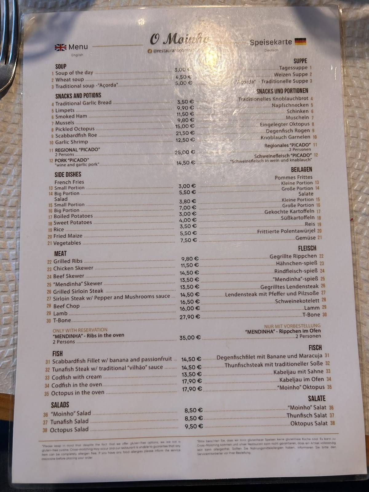 Menu em Restaurante O Moinho, Caniço