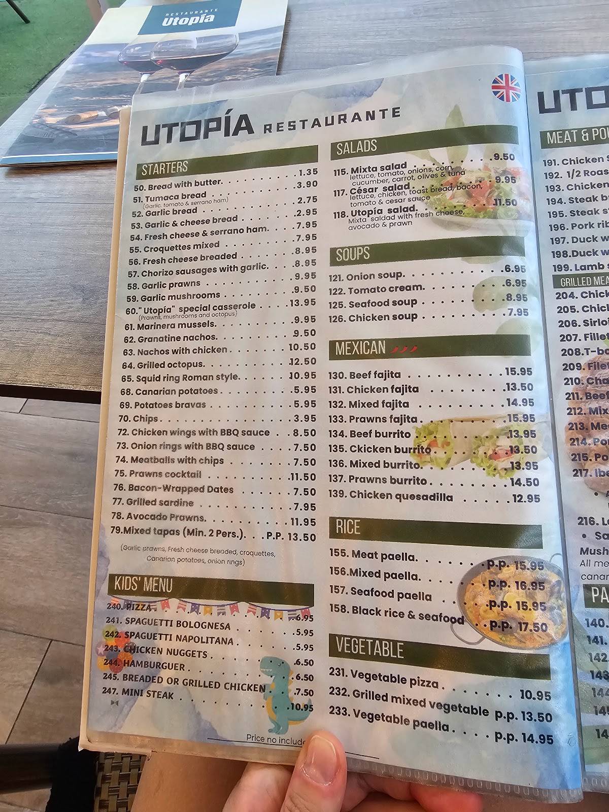 Menu at Restaurante Utopia, Playa Blanca