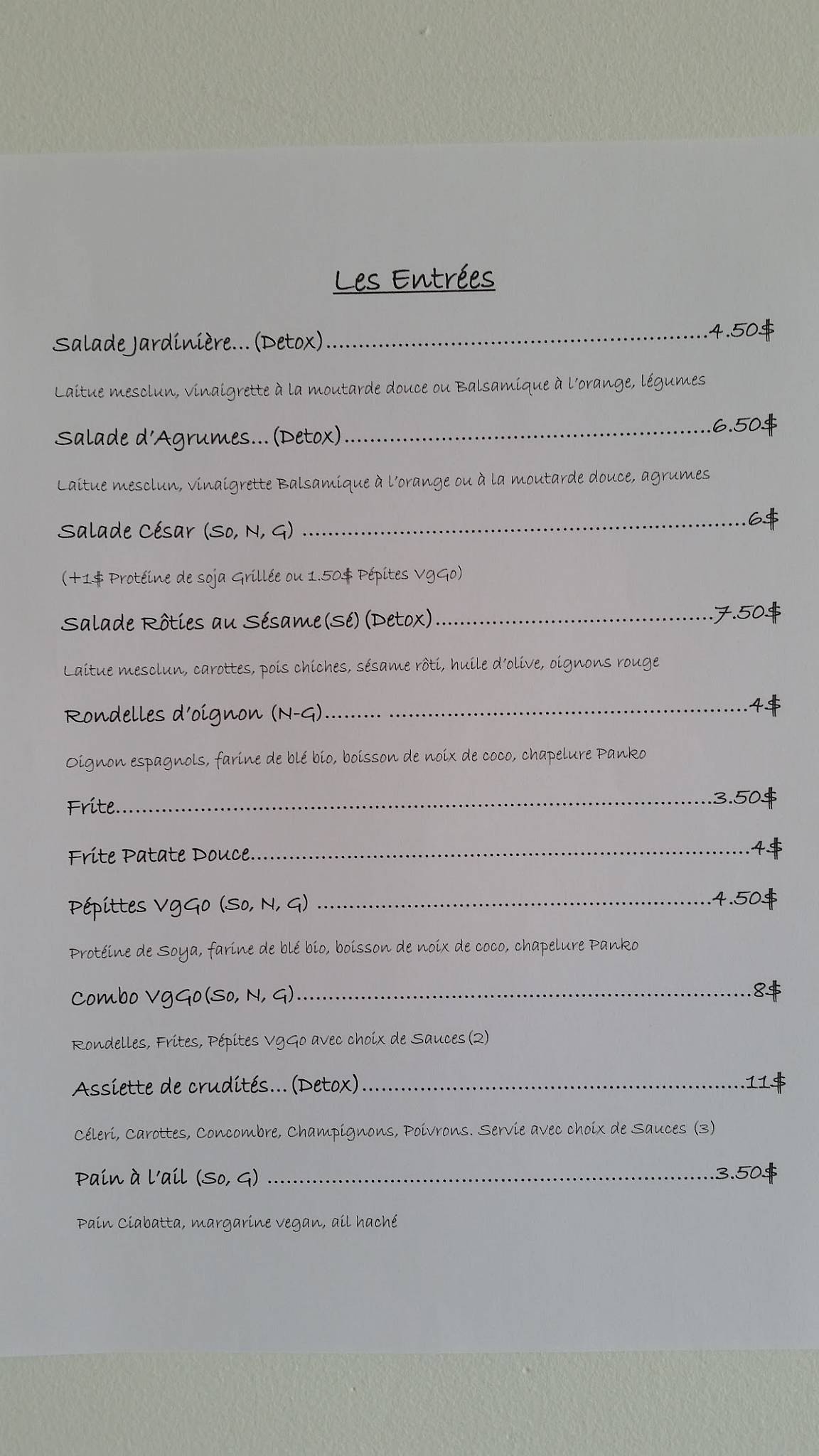 Menu au Resto VgGo restaurant, Granby