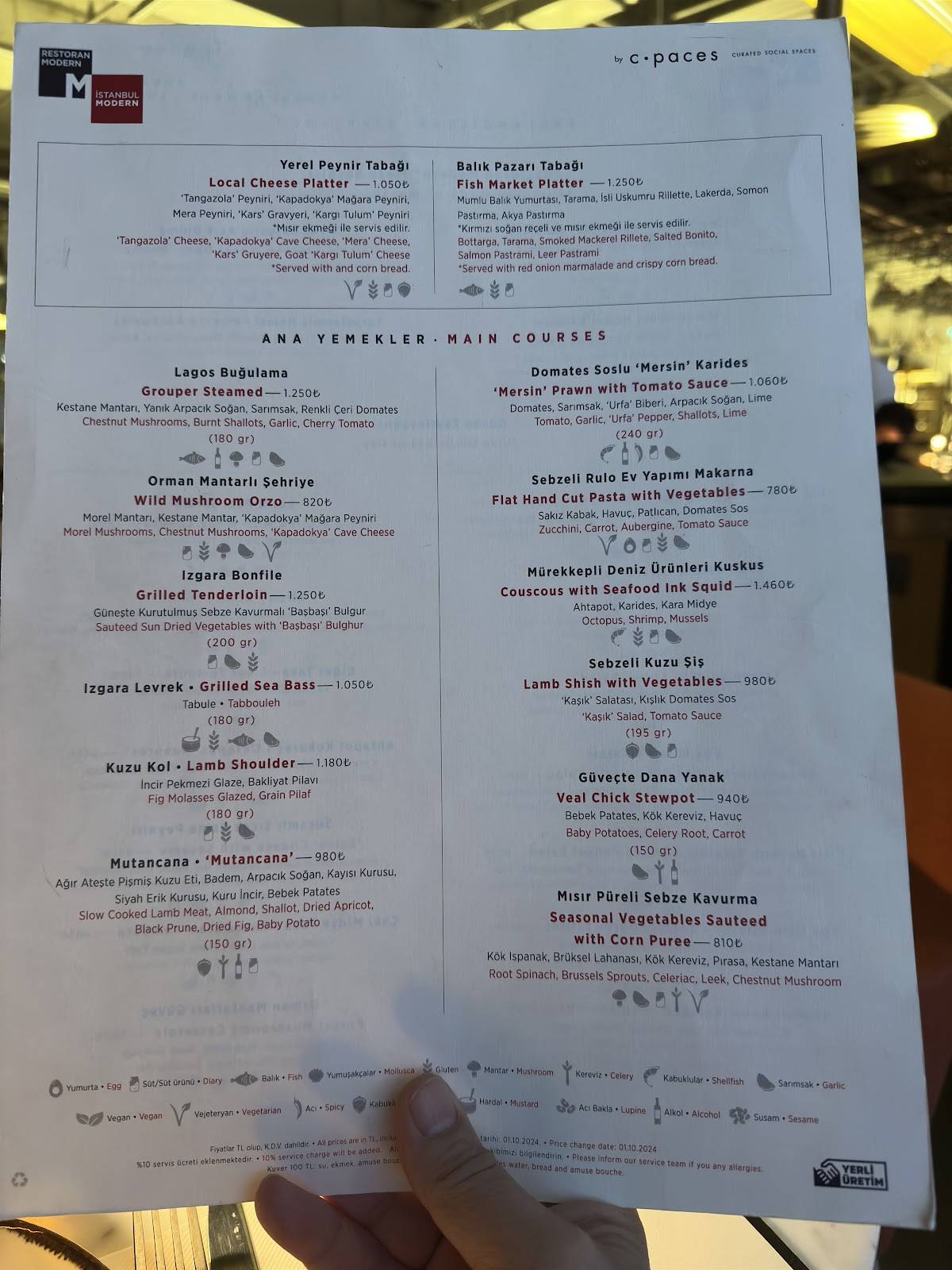 Menu at Restoran Modern, Istanbul