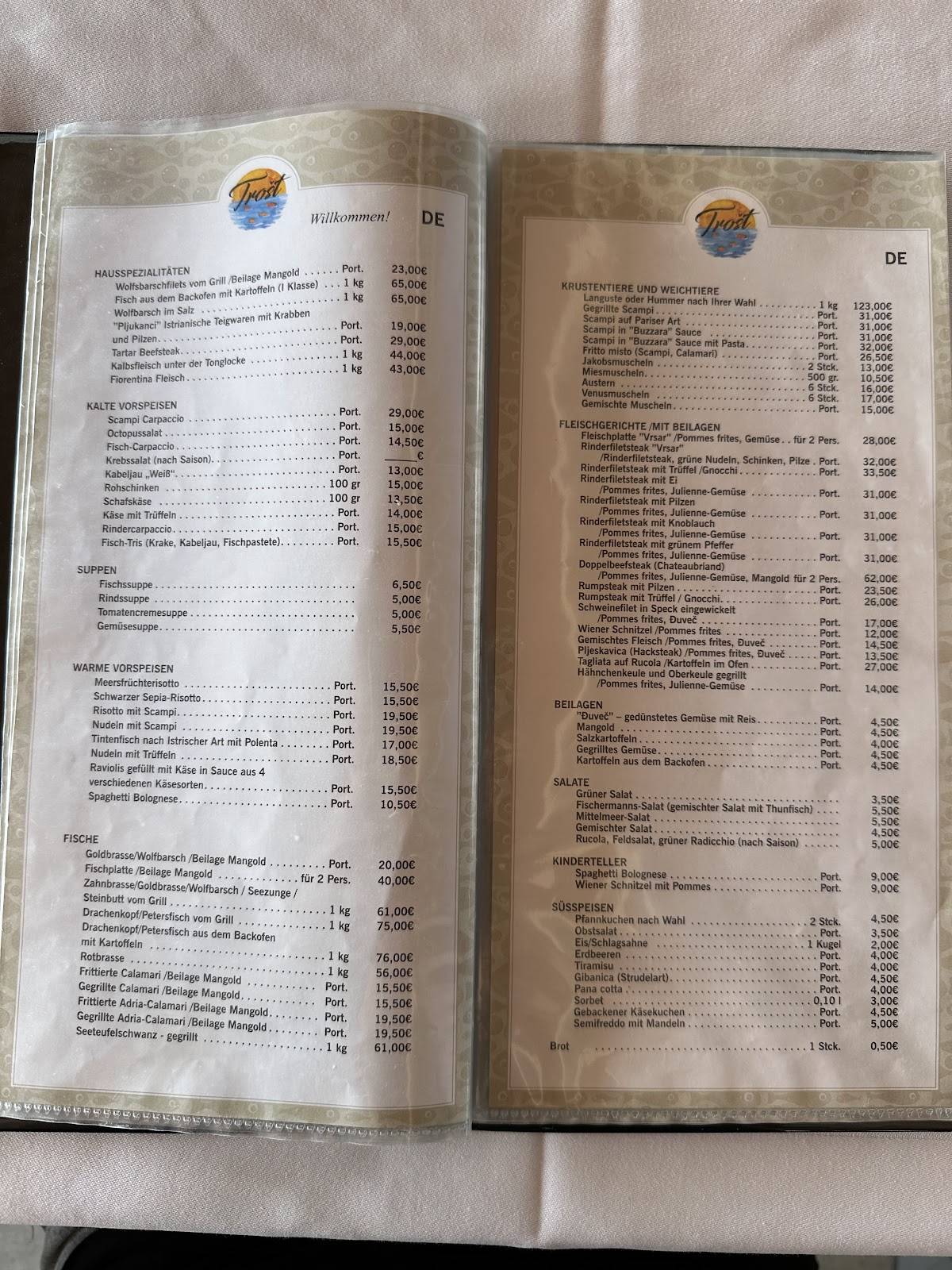 Menu da Restoran “Trošt” ristorante, Vrsar