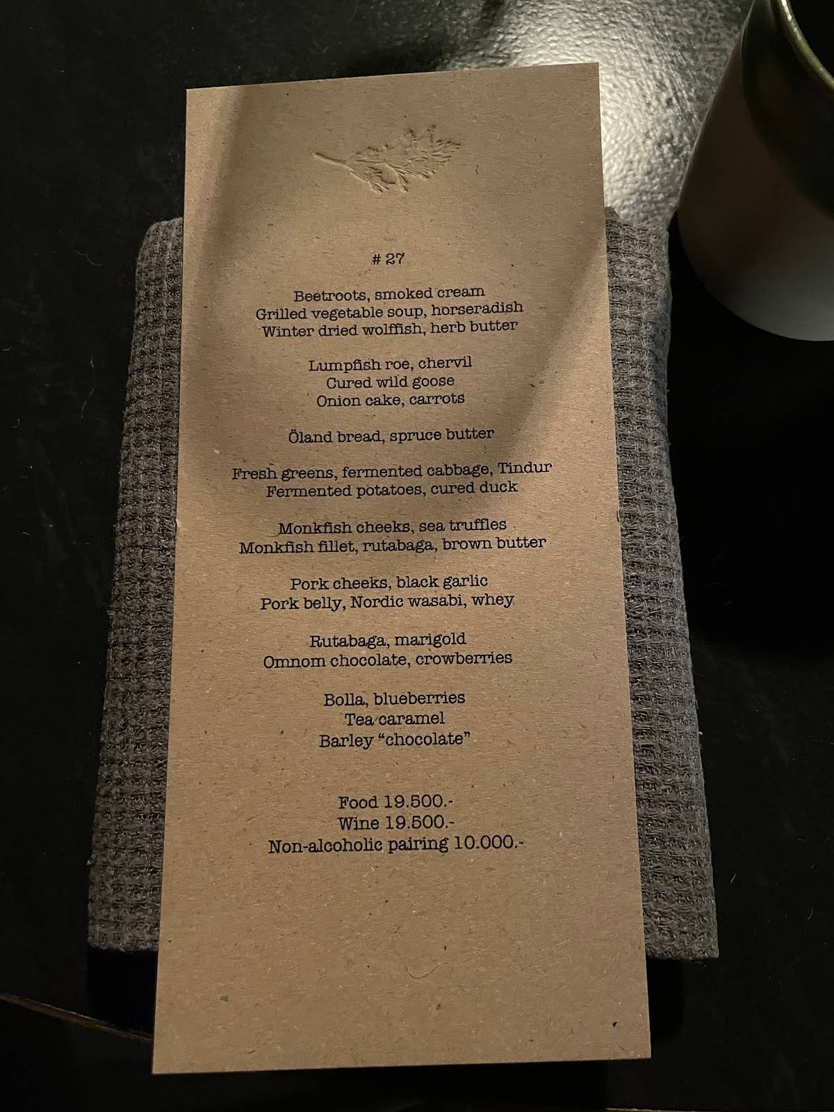 Menu at Dill Restaurant, Reykjavík, Laugavegur 59