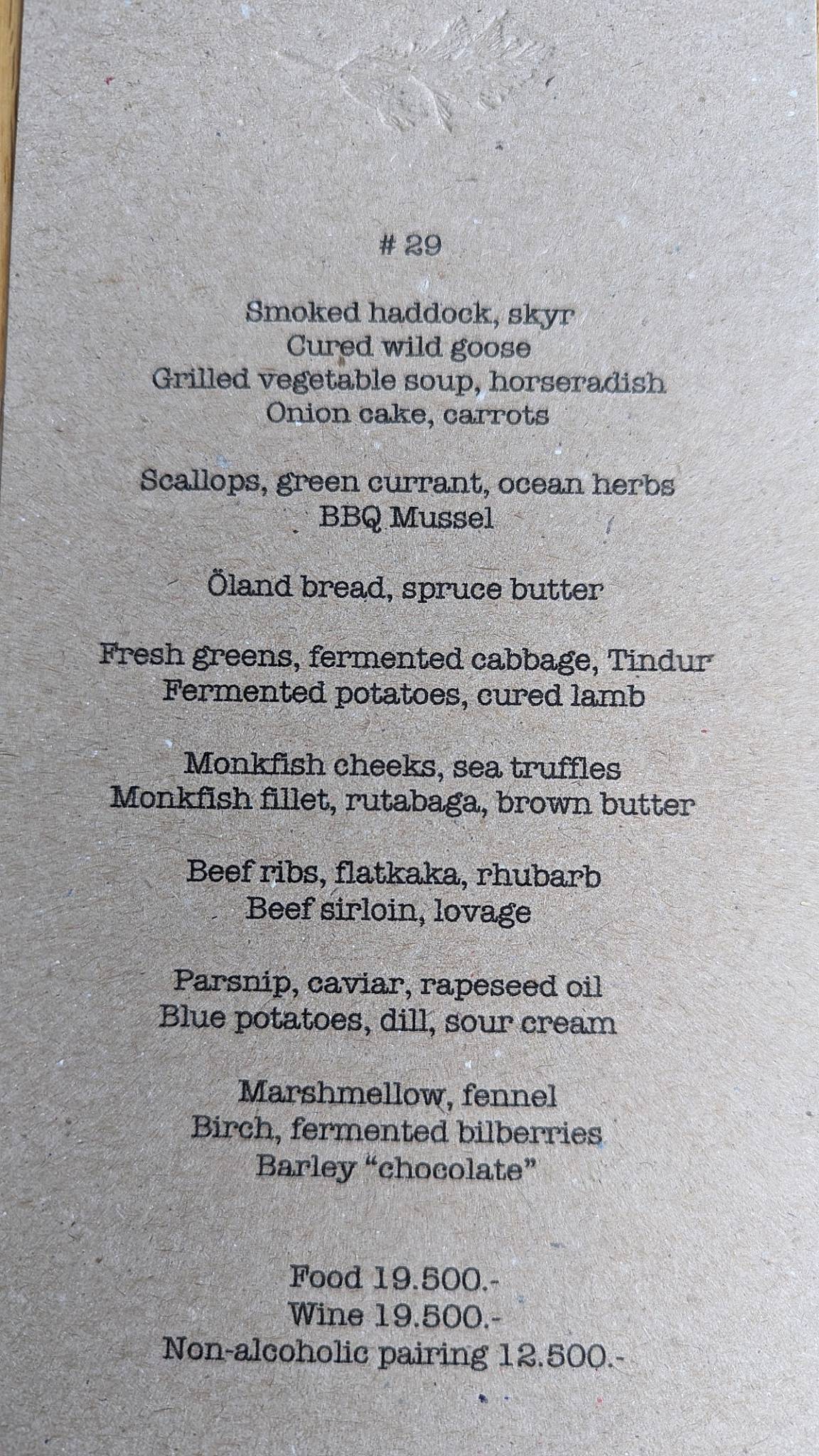Menu at Dill Restaurant, Reykjavík, Laugavegur 59