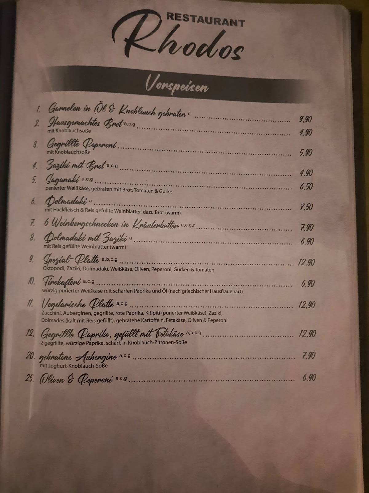 Speisekarte von Rhodos restaurant, Goch