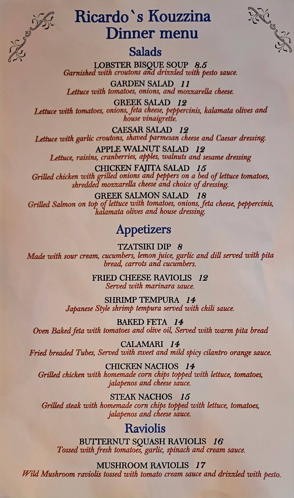 Menu at Ricardo's Kouzzina restaurant, Madison