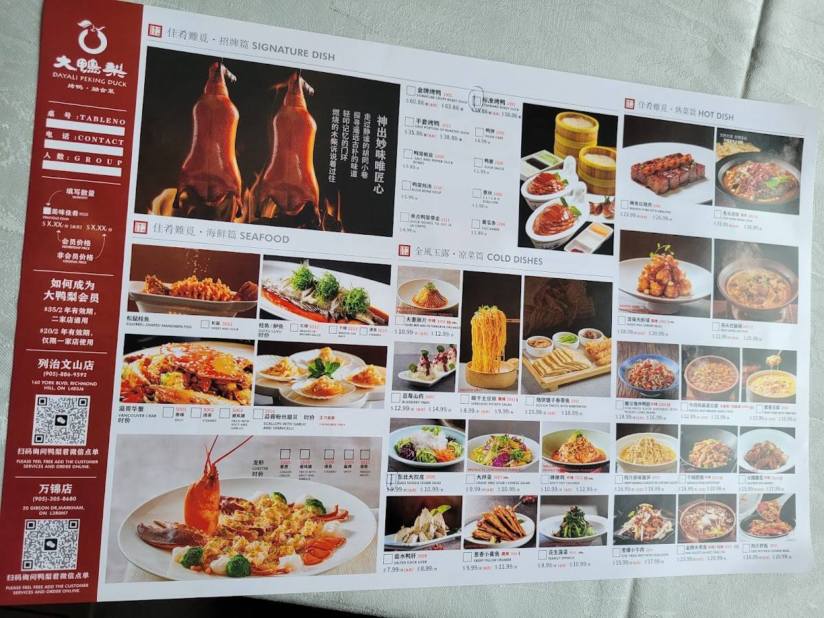 Menu at Dayali Beijing Roast Duck restaurant, Richmond Hill, 160 York Blvd