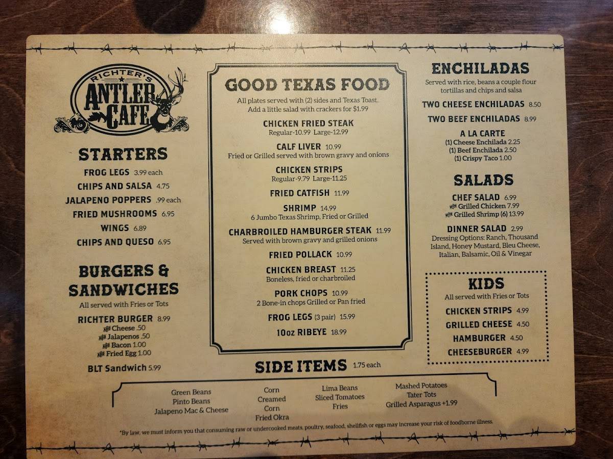 Menu at Richter's Antler Cafe, Spring Branch