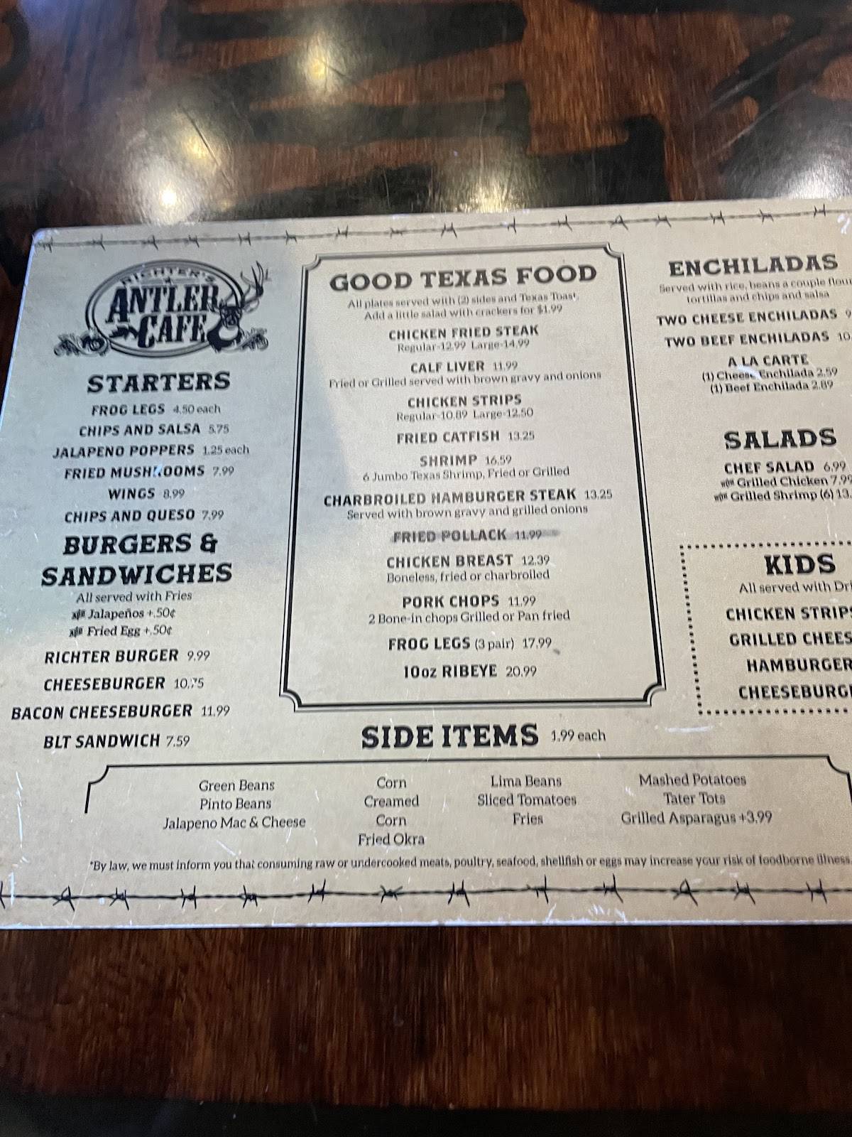 Menu at Richter's Antler Cafe, Spring Branch