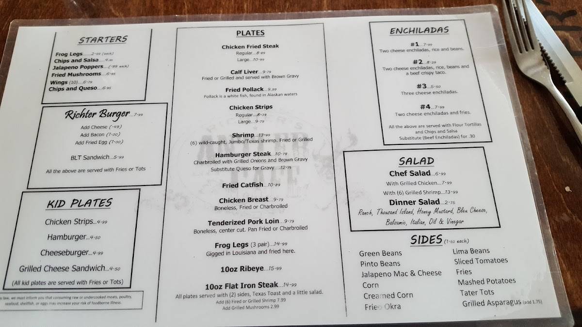 Menu at Richter's Antler Cafe, Spring Branch