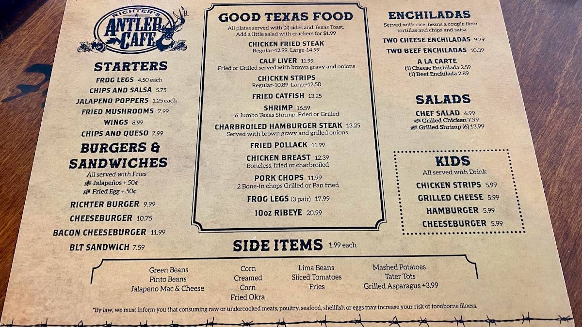 Menu at Richter's Antler Cafe, Spring Branch